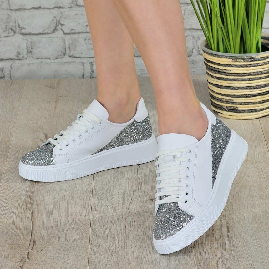 Дамски кецове Elinor white brokat | Tinti shoes